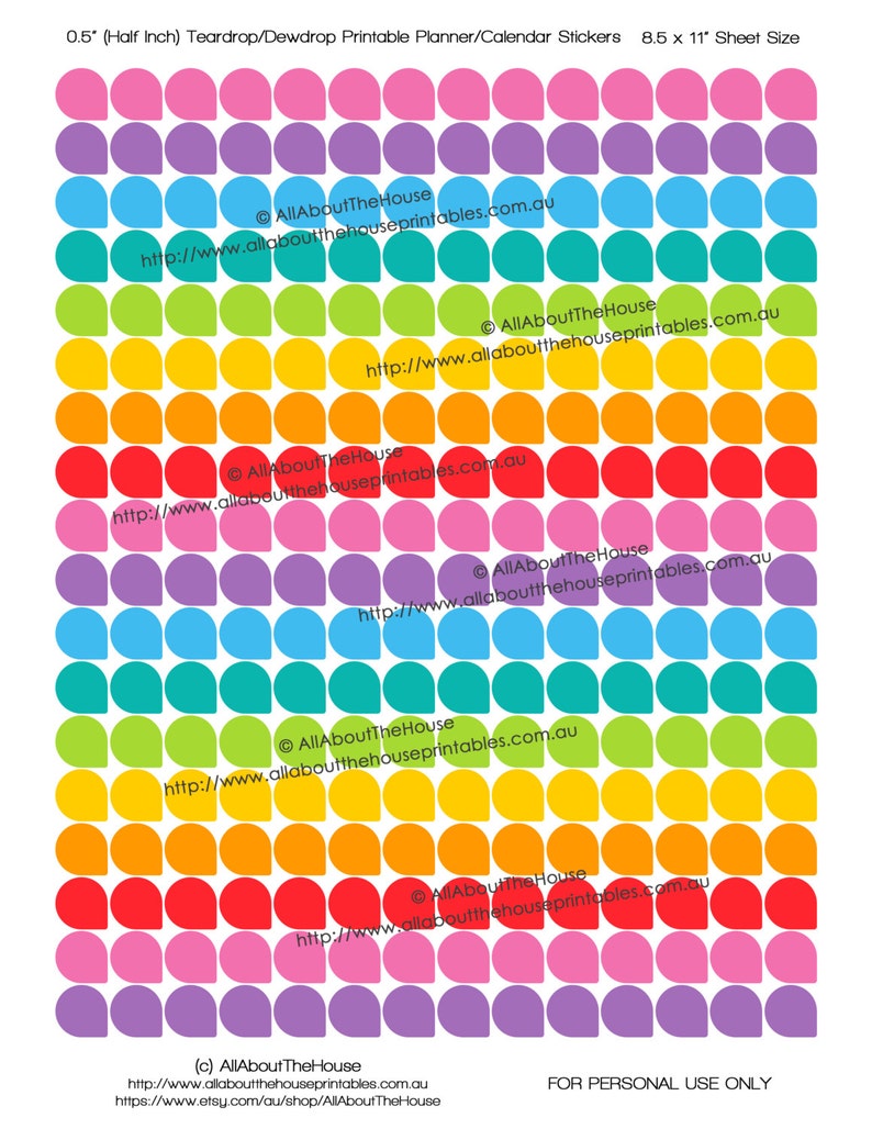 Teardrop Dewdrop Printable Planner Stickers 1/2 Inch Rainbow Daily ...