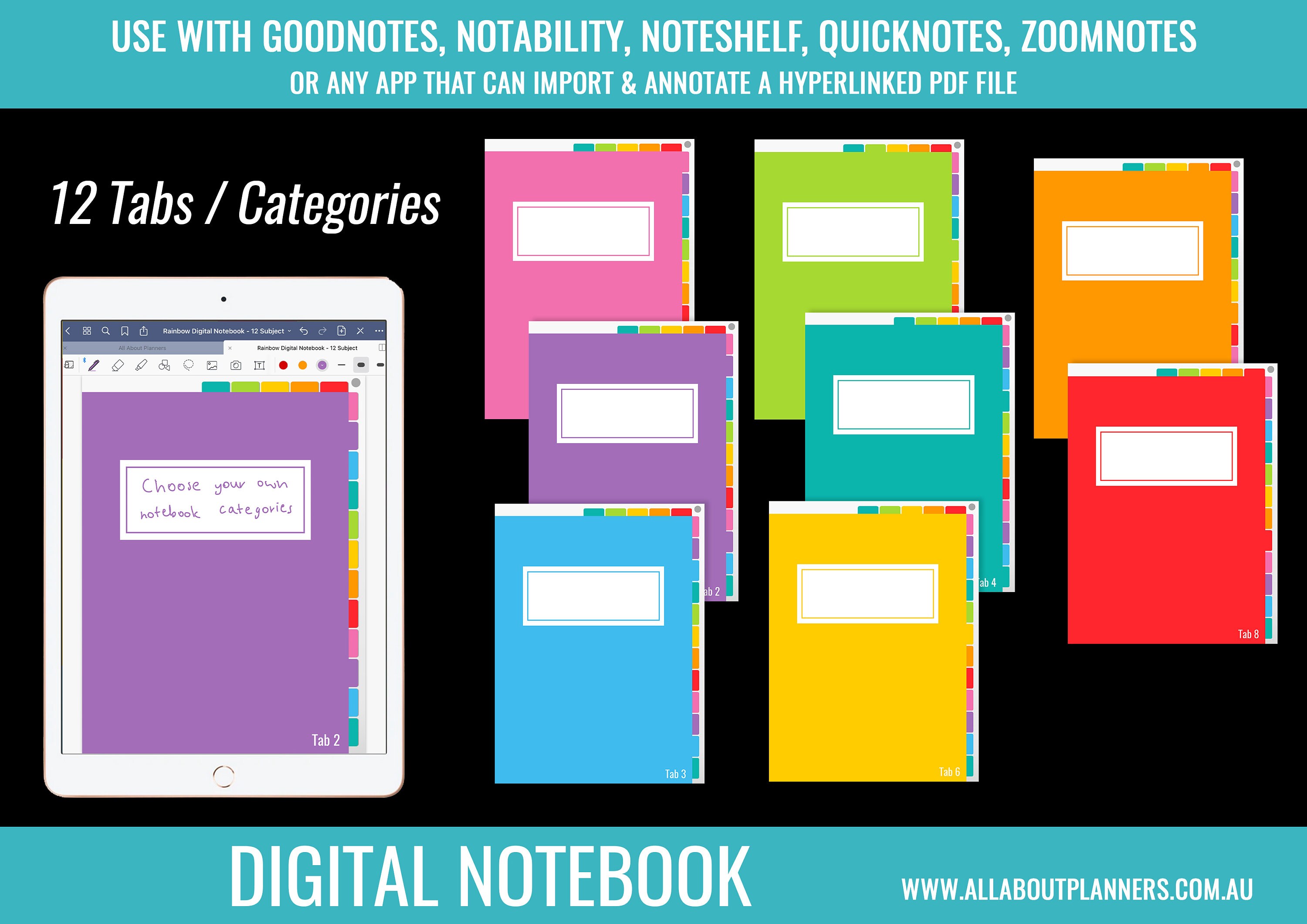 Goodnotes Digital Notebook 12 Subject Tabs Hyperlinked Rainbow | Etsy