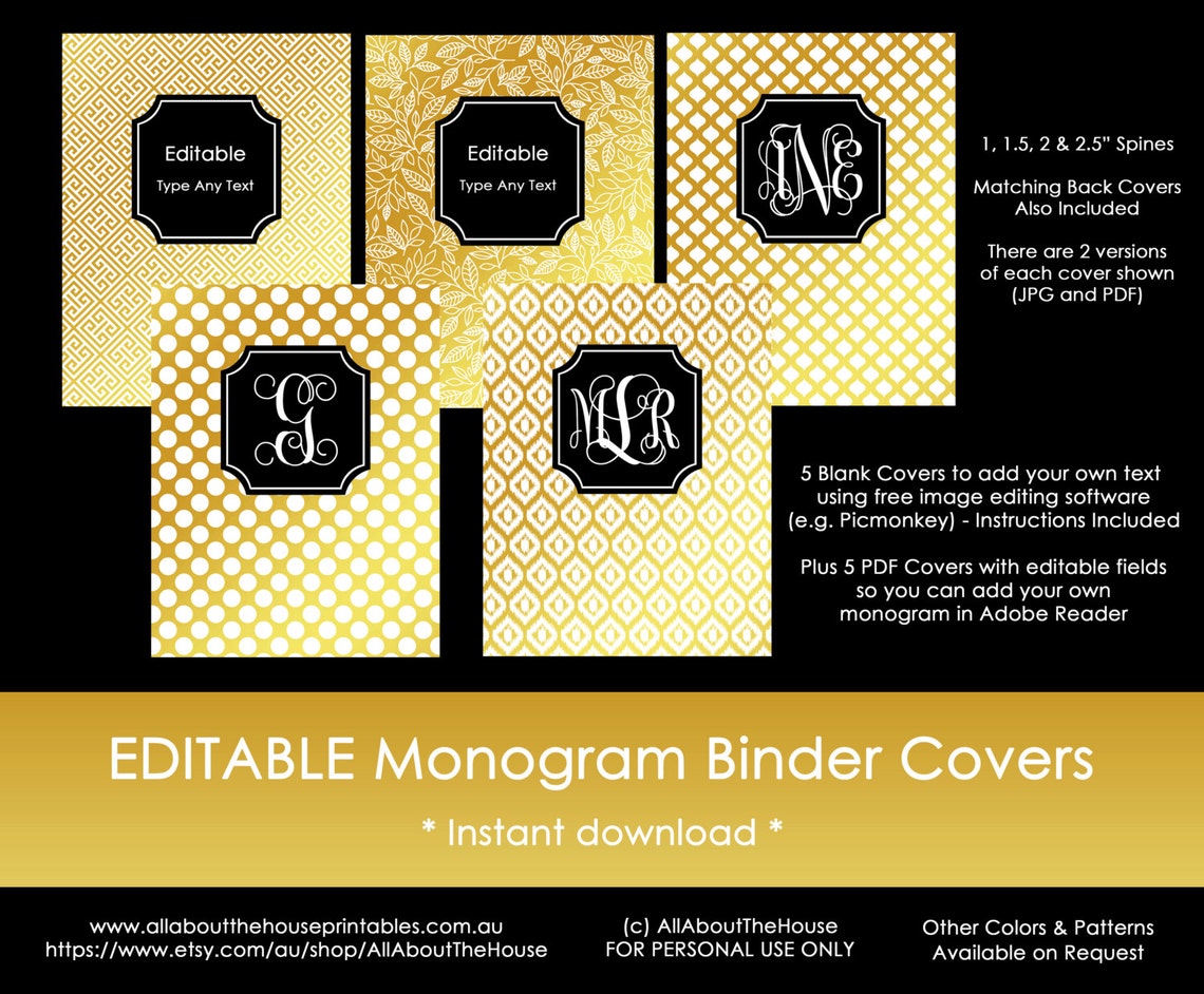 Gold Monogram Binder Cover and Black spine chevron polka dot | Etsy