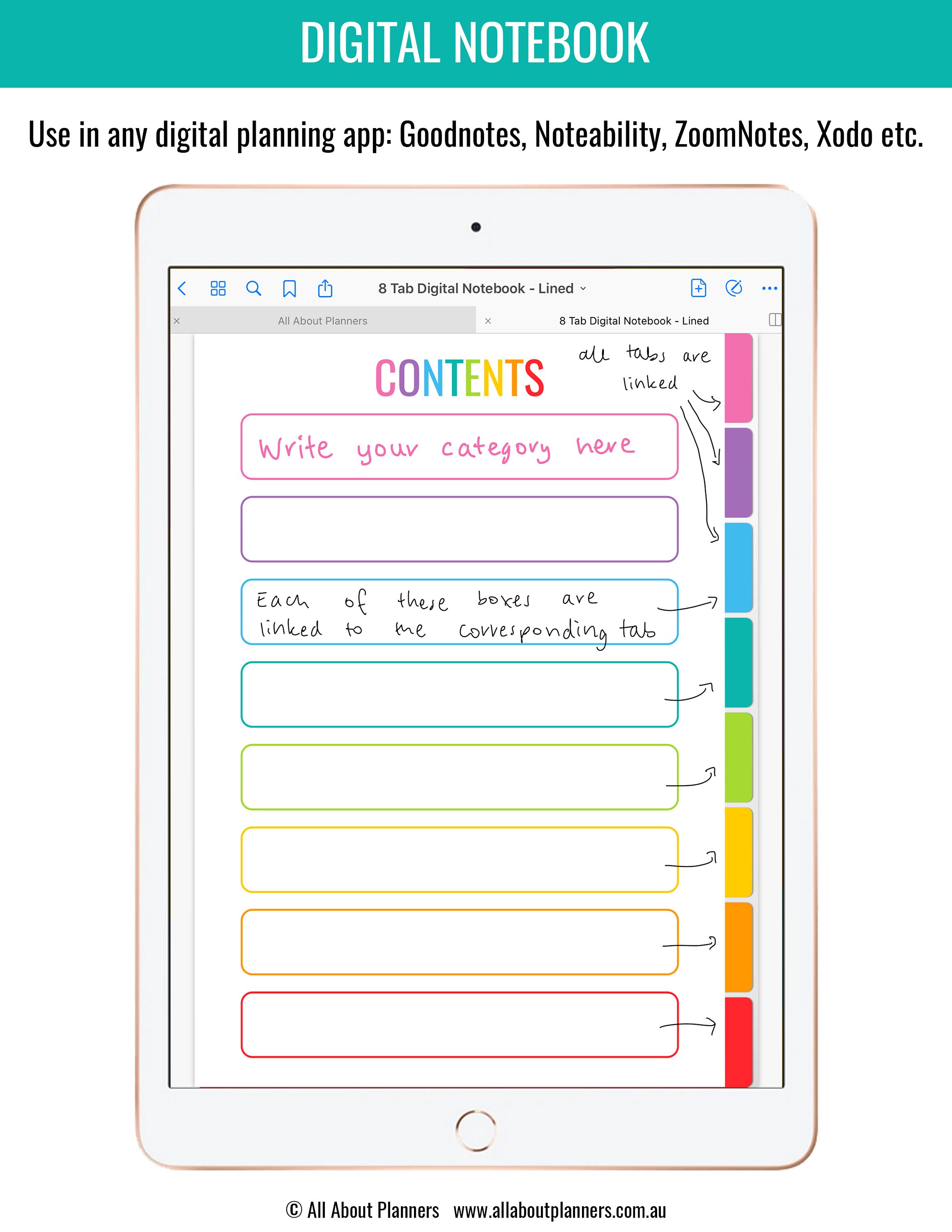 Goodnotes digital notebook 8 subject tabs hyperlinked rainbow | Etsy