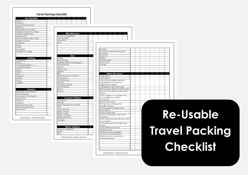 Reusable Travel Packing Checklist 3 Sheets Home Organisation Travel ...