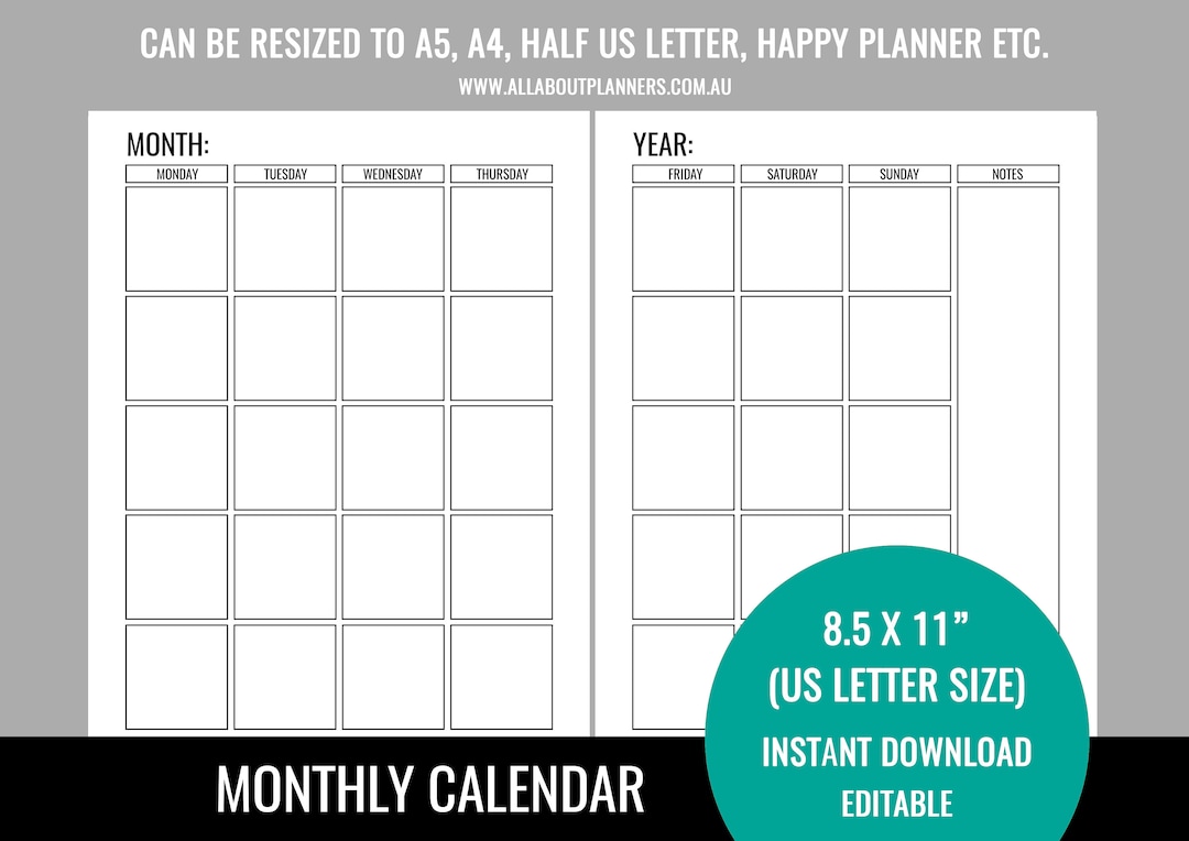 Editable Printable Monthly Calendar Planner Insert Refill Goals Monday ...
