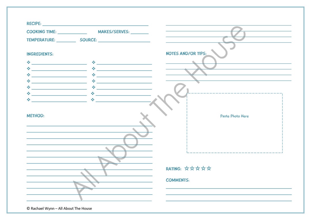 EDITABLE Printable Recipe Sheet Template - Meal Planning - Product ...