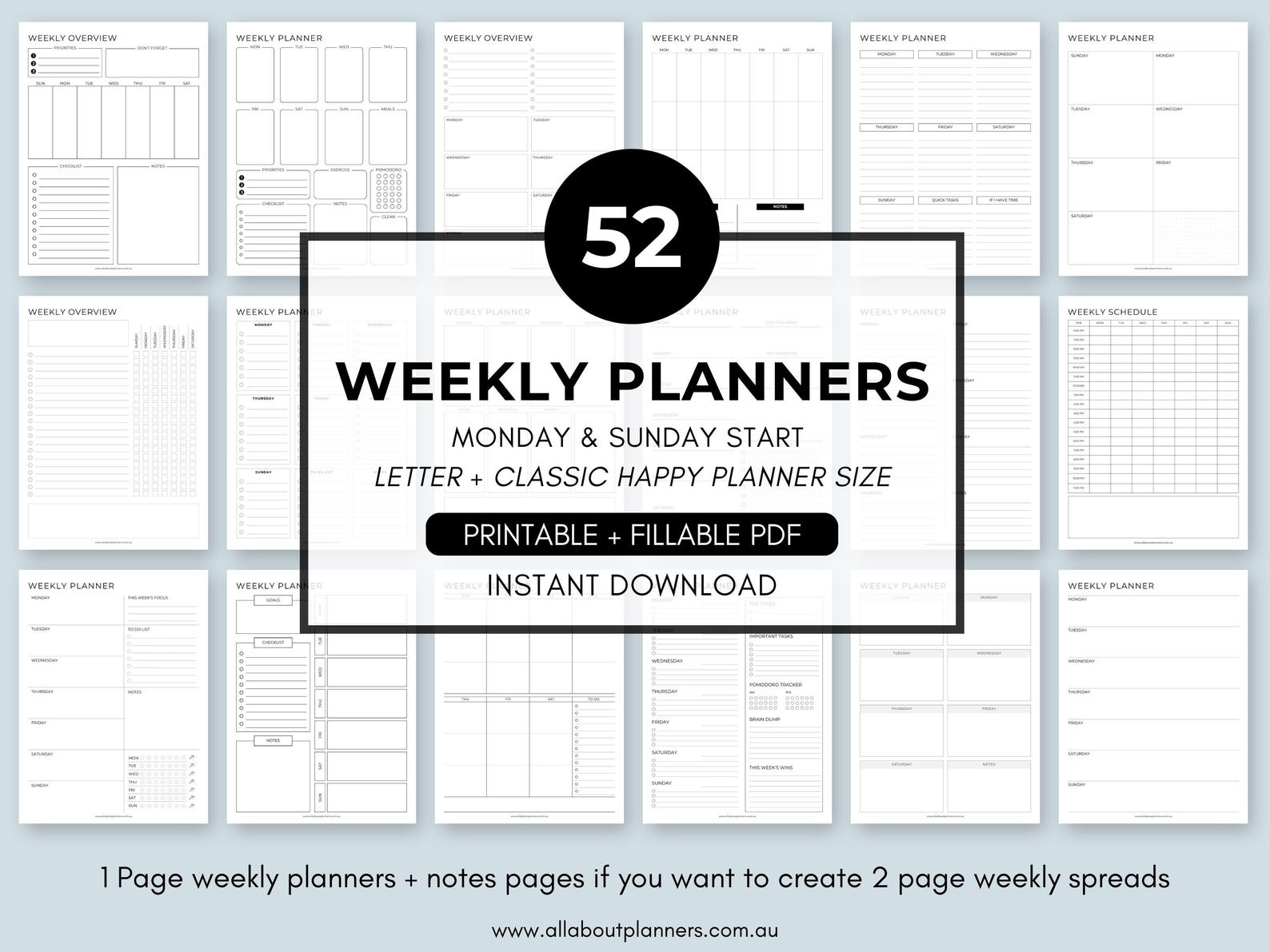 Weekly Planner Printable Undated Week on 1 Page Layout Monday Sunday ...