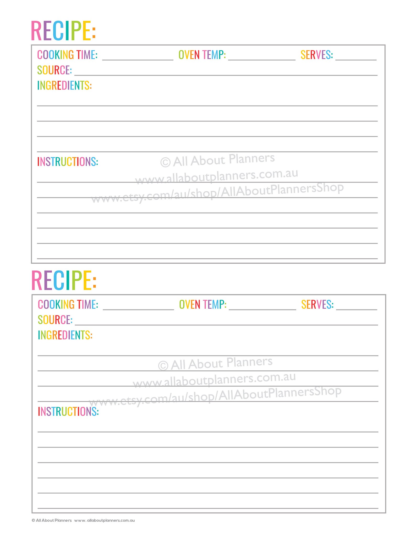EDITABLE Printable Recipe Card, Template, Pdf, Sheet, Recipe Page ...