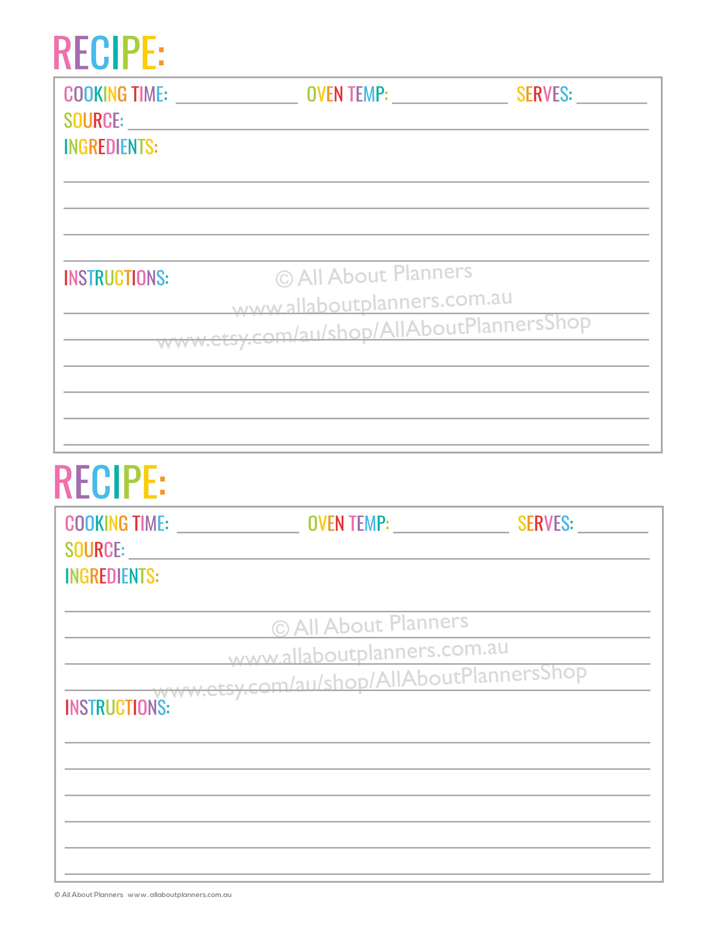 EDITABLE Printable Recipe Card, Template, Pdf, Sheet, Recipe Page ...