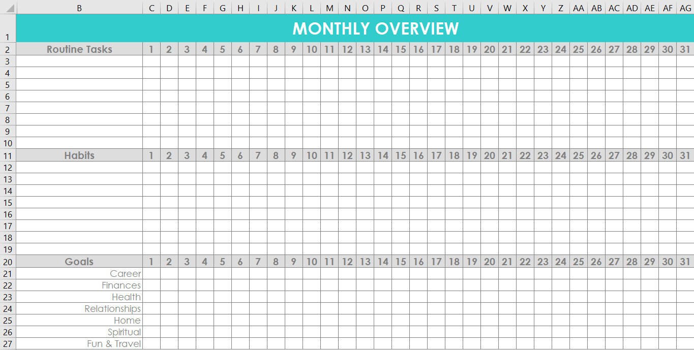 Monthly Habit Tracker Spreadsheet Excel Routine Tasks, Goals, Google ...