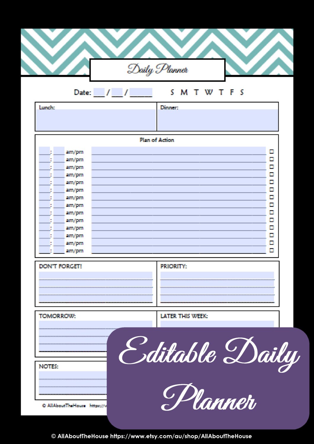 EDITABLE Daily Planner Printable - Chevron Printable - PDF Printable ...