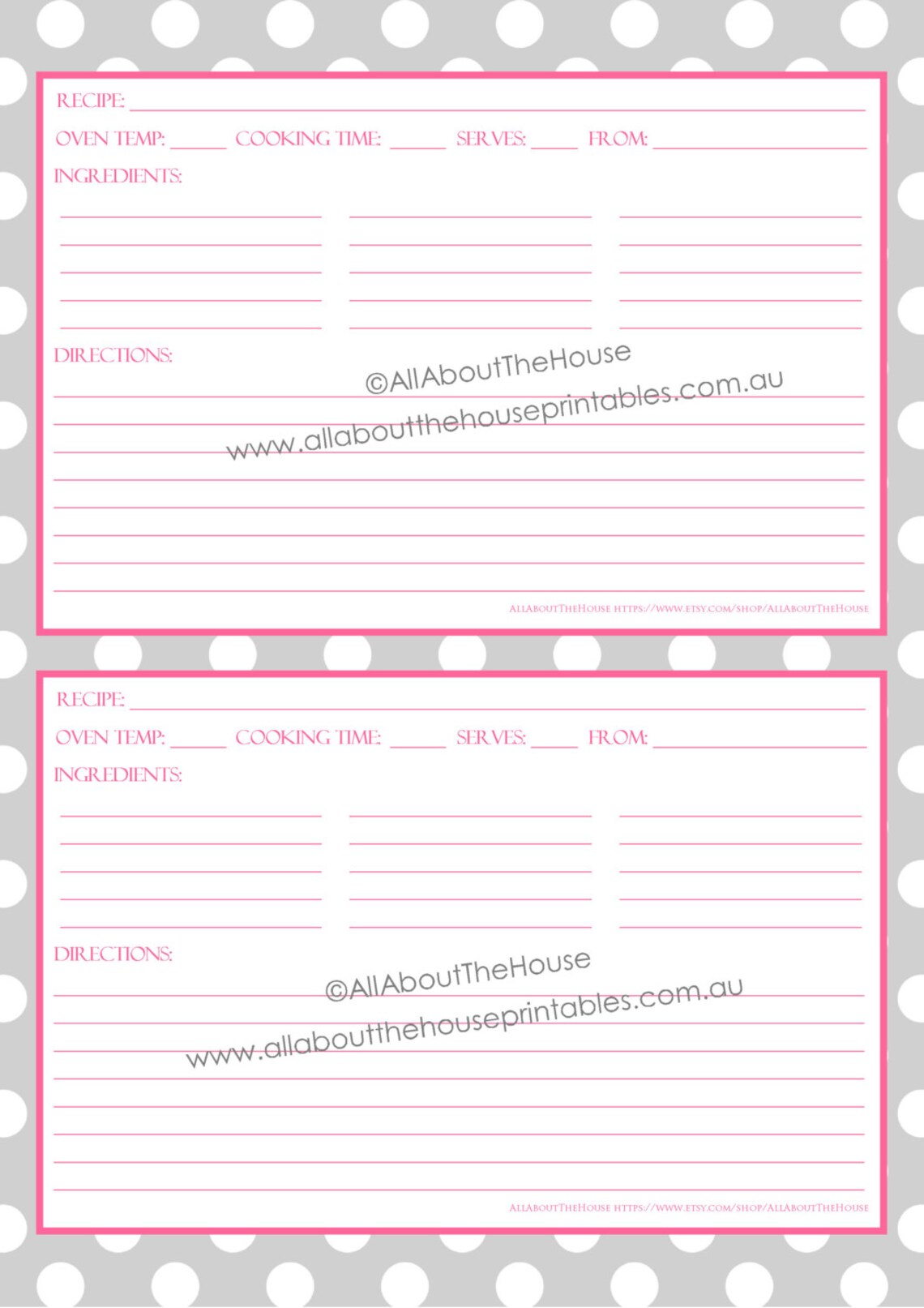 Recipe Binder Printables Recipe Sheet polka dots Recipe Card | Etsy