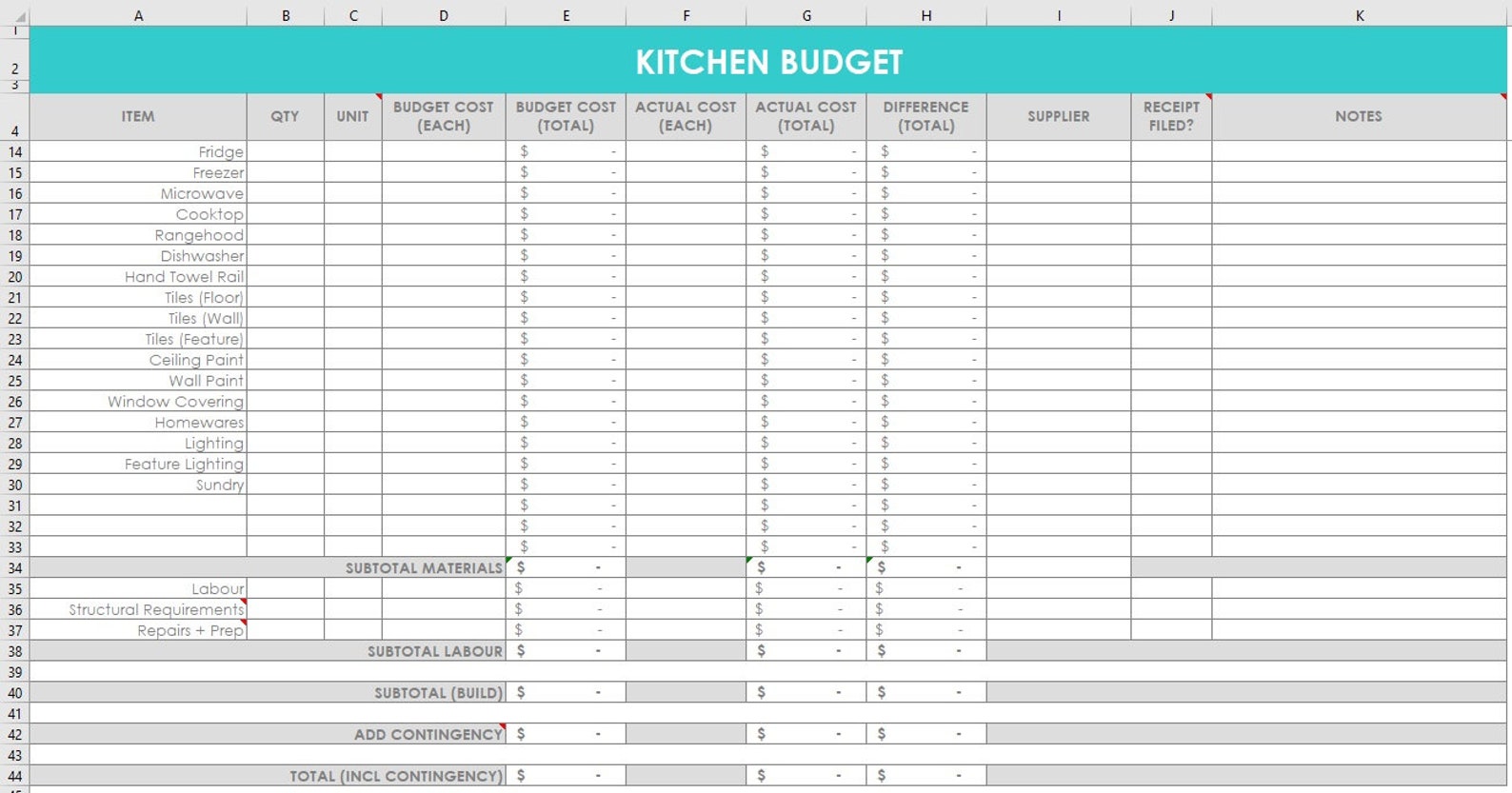 Kitchen Renovation Budget Spreadsheet Organizer Wish List - Etsy