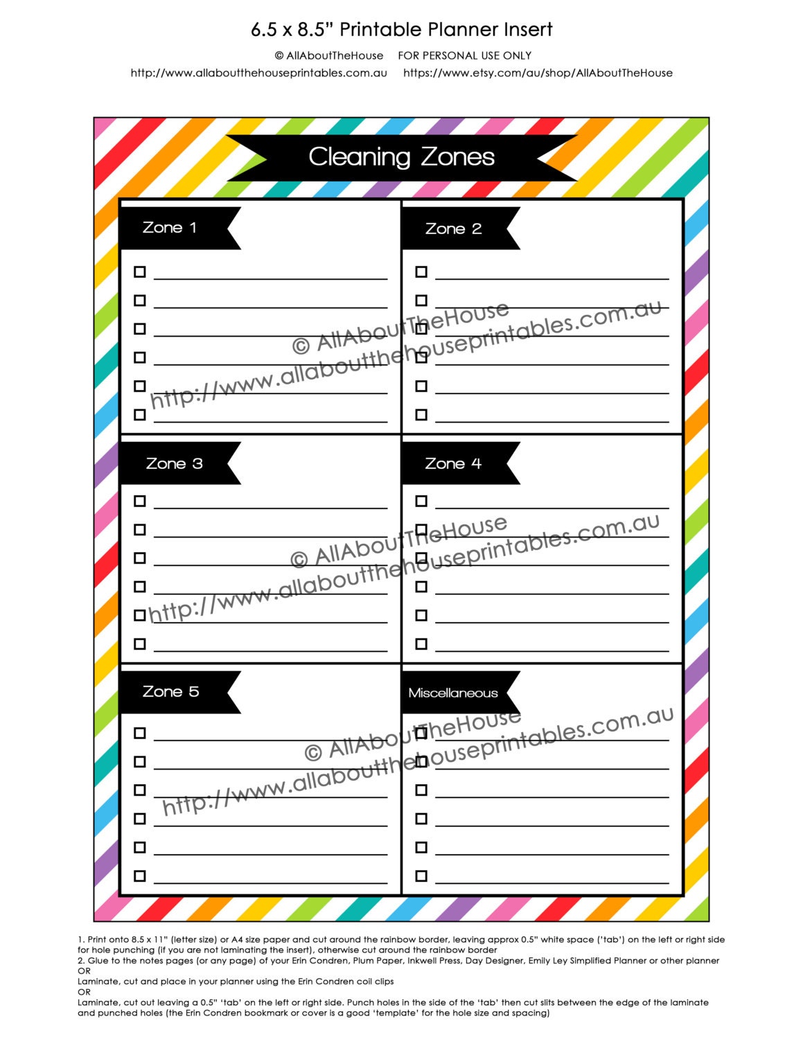 Planner Insert Cleaning Zones Schedule Printable Rainbow 6.5 x | Etsy