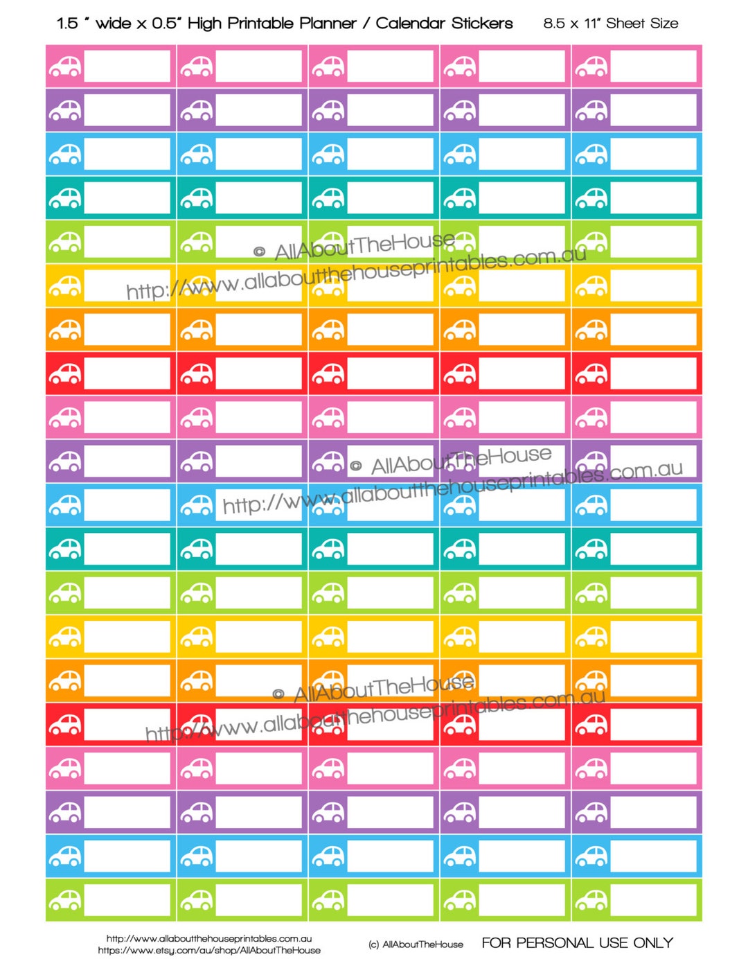 Car Stickers Printable Calendar / Planner Stickers 1.5" W X 0.5 ...