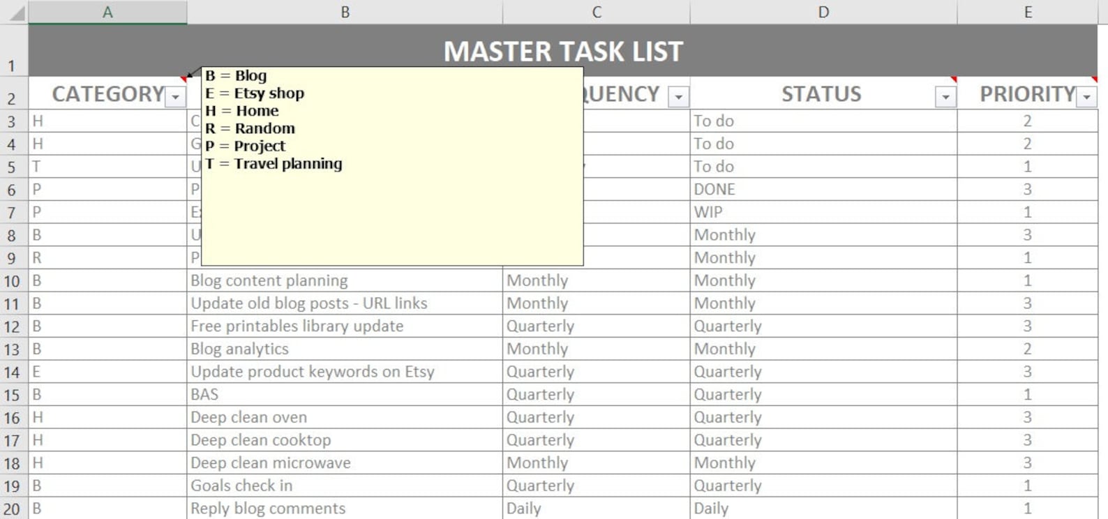 To Do List Master Task List Spreadsheet Excel Google Sheet - Etsy