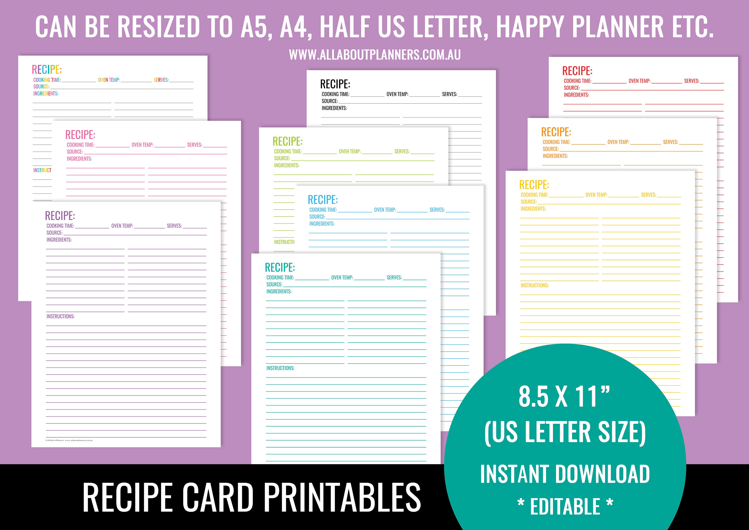 Recipe Card Printable Editable Pdf Template Fillable Insert Refill ...