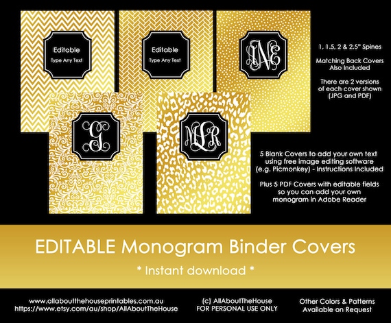 Binder Cover Gold and Black monogram spine chevron polka dot cheetah ...