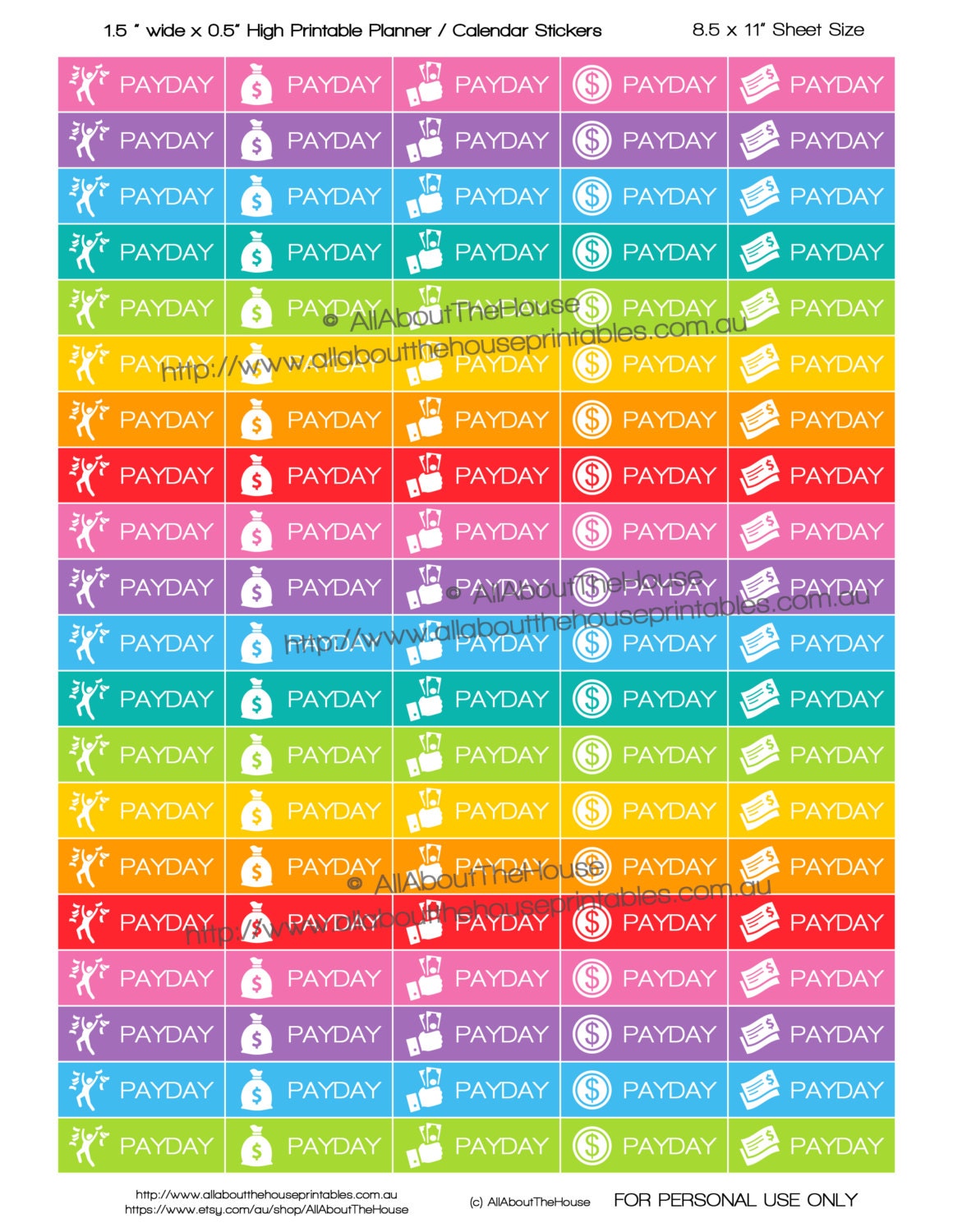 Payday Planner Stickers Printable 1.5" Wide X 0.5" Rainbow (v1) Planner ...