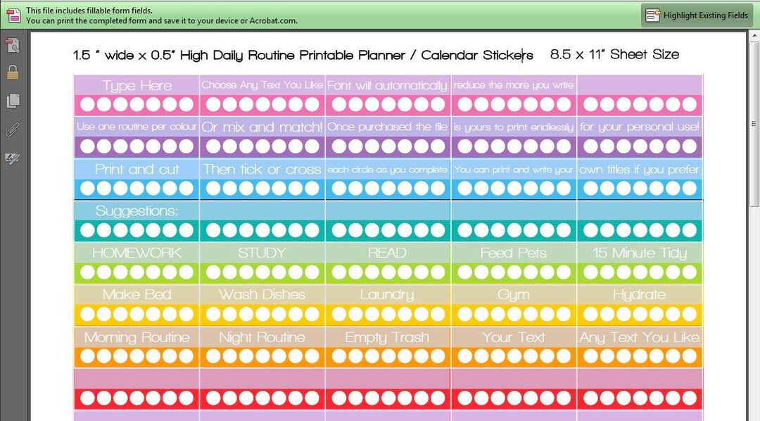 Habit Planner Stickers Printable Daily Weekly Routine 1.5"wx0.5 ...