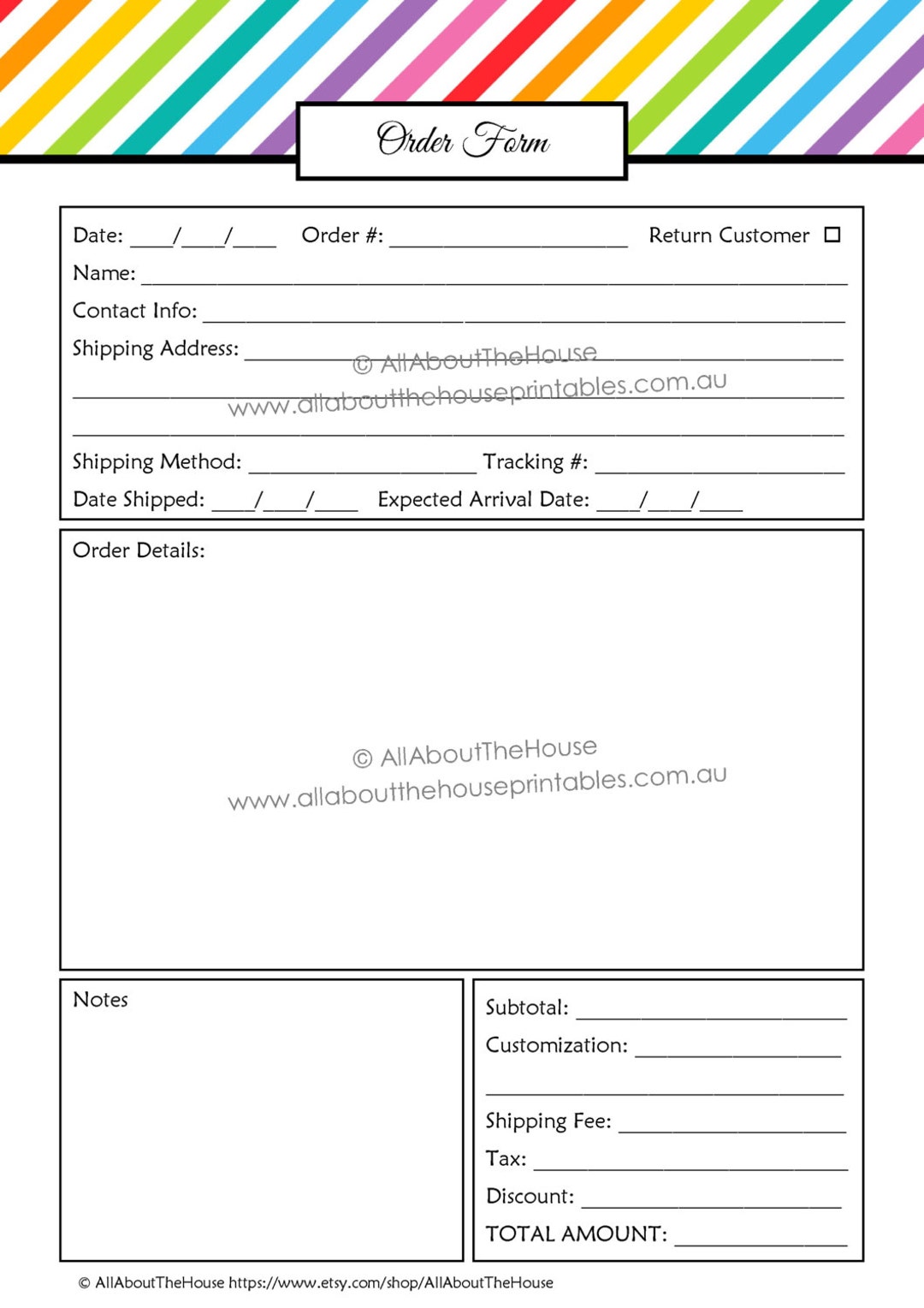 Order Form Custom Order Form Printable Business Planner Organization ...