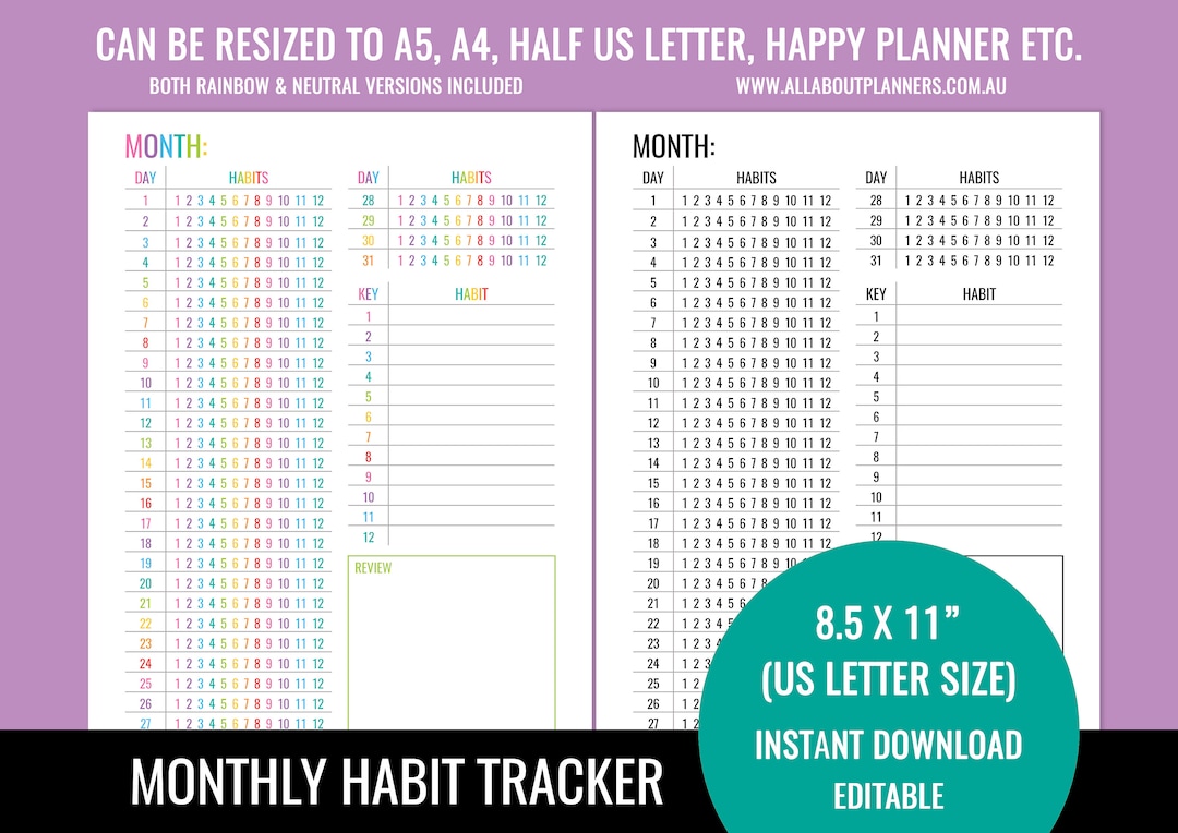 Monthly Habit Tracker Planner Printable to Do Editable Fillable Pdf ...