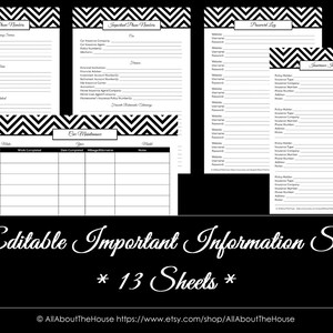 BLACK EDITABLE Important Information Printable Home Organisation ...