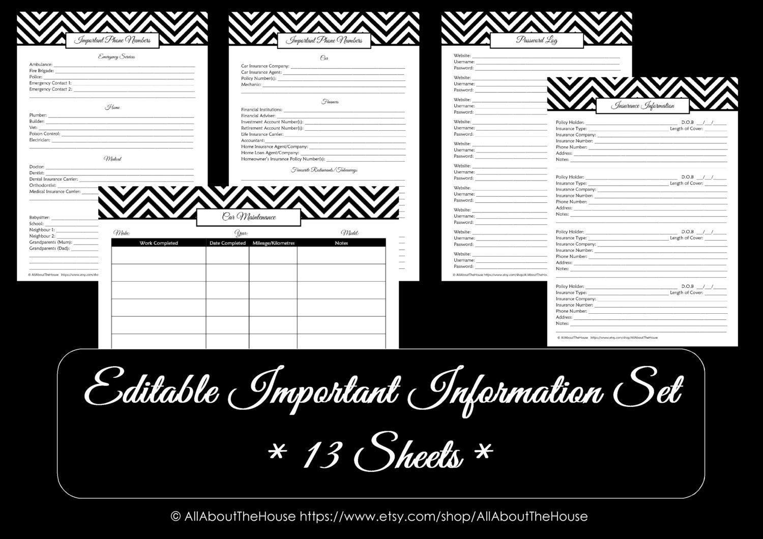 BLACK EDITABLE Important Information Printable Home | Etsy Australia