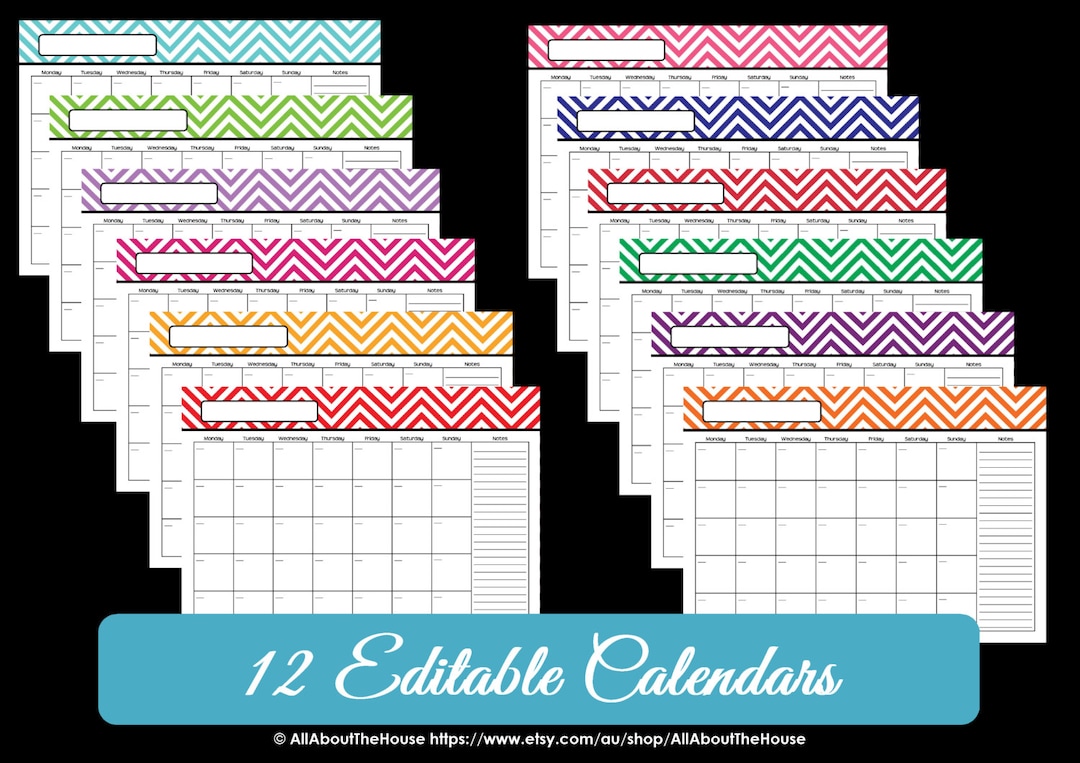 EDITABLE 12 Monthly Calendar Printable Chevron Pattern Use for 2025 ...