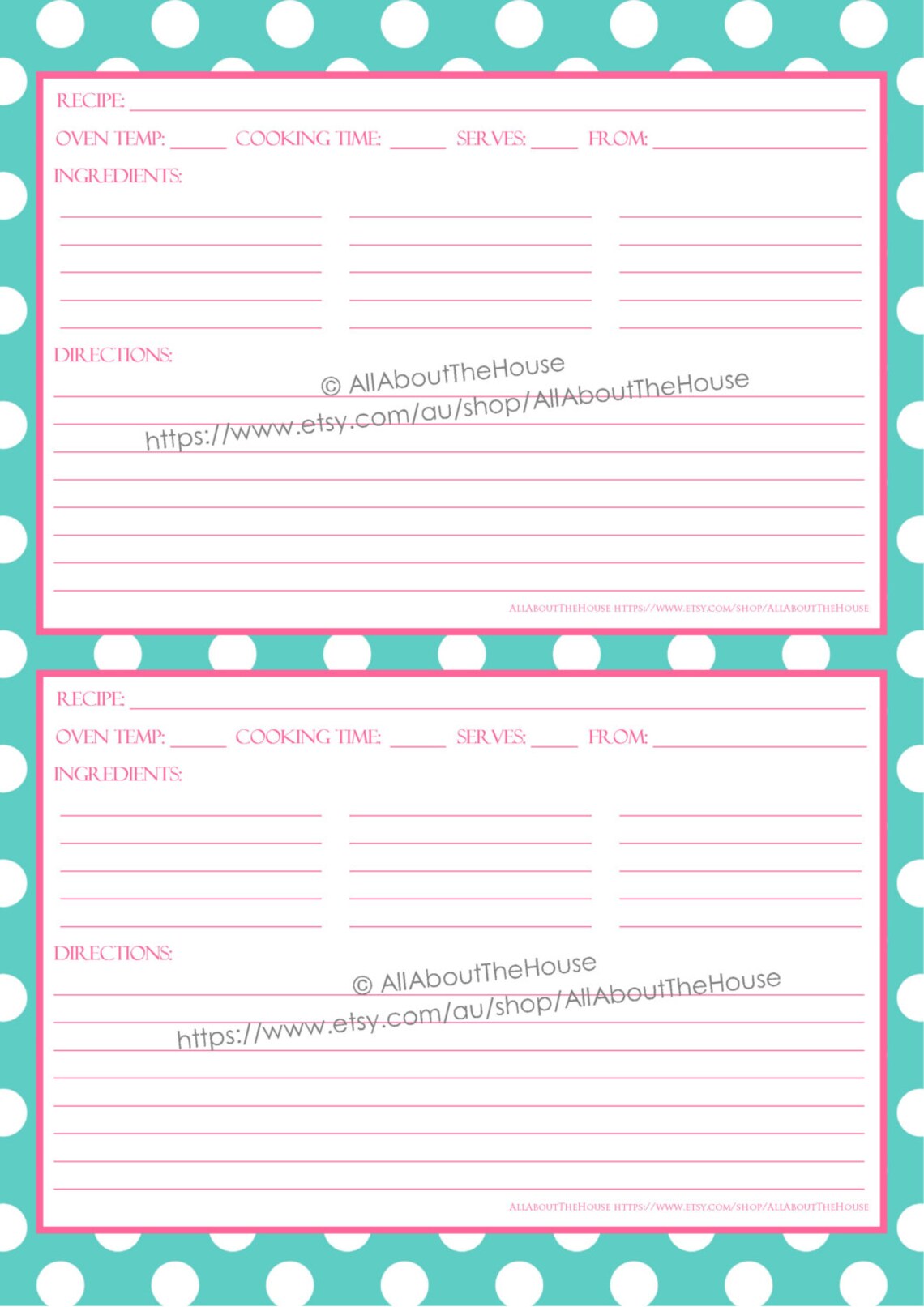 Recipe Binder Printables Recipe Sheet Polka Dots Recipe Card - Etsy