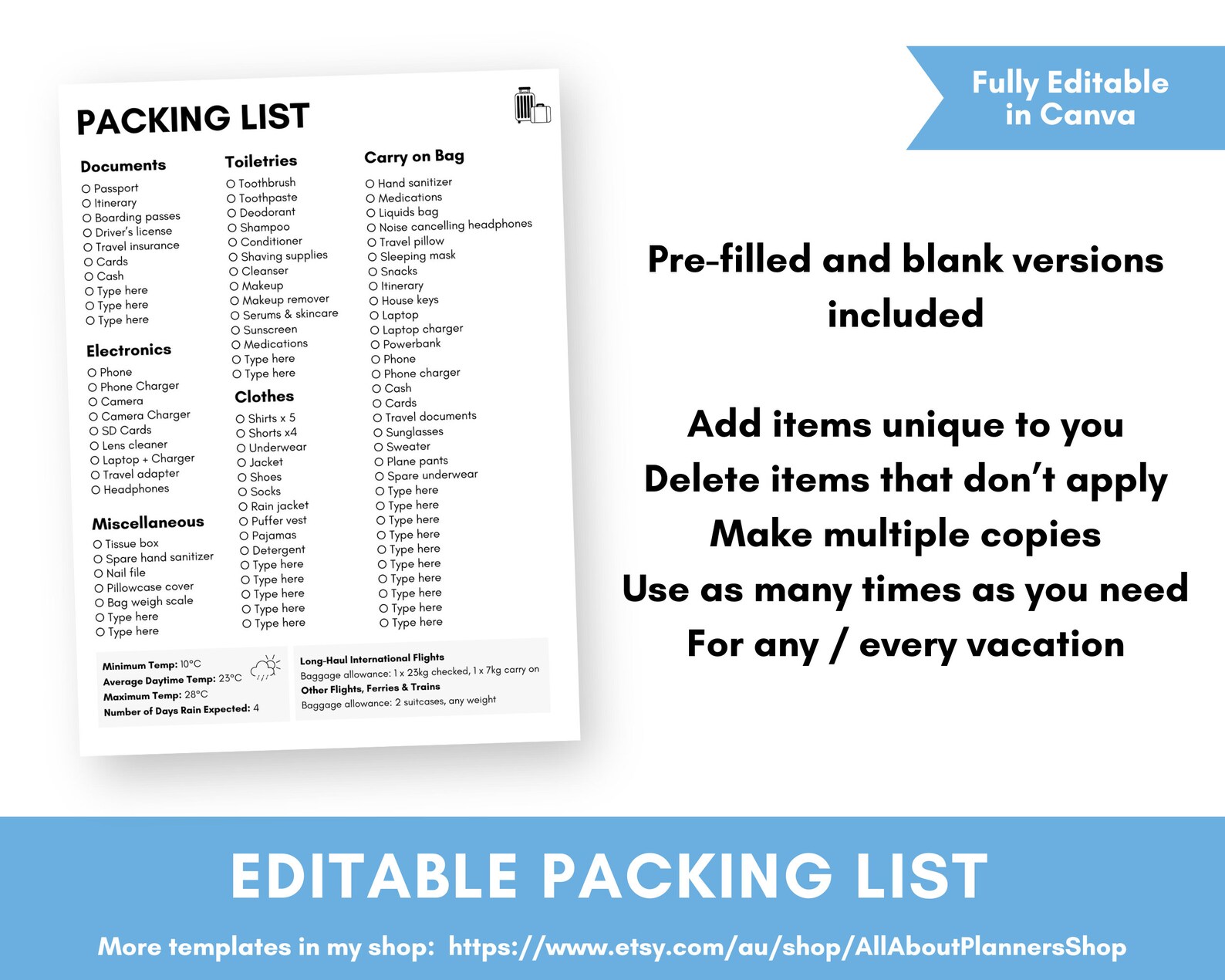 Packing List Editable in Canva Printable Planner Insert List Refill ...