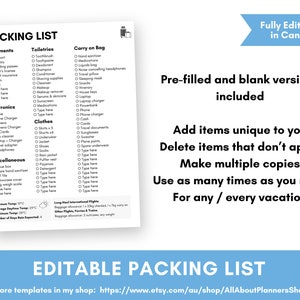 Packing List Editable in Canva Printable Planner Insert List Refill ...
