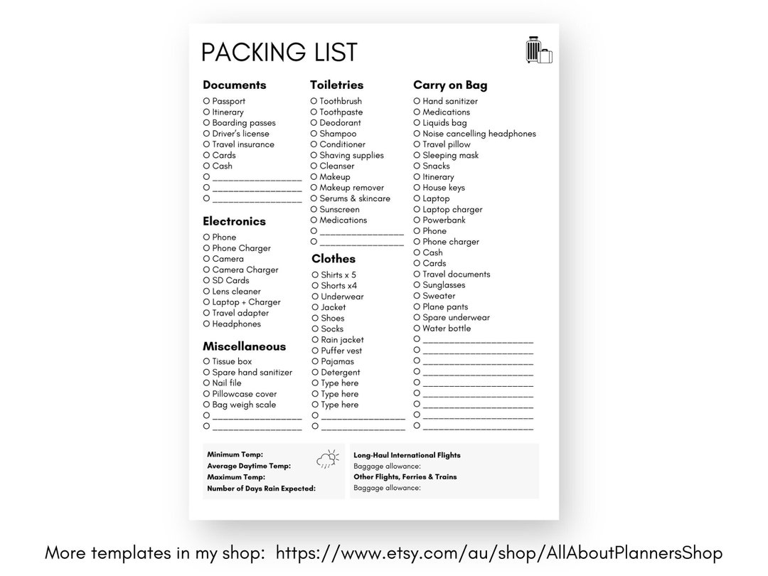 Packing List Editable in Canva Printable Planner Insert List Refill ...