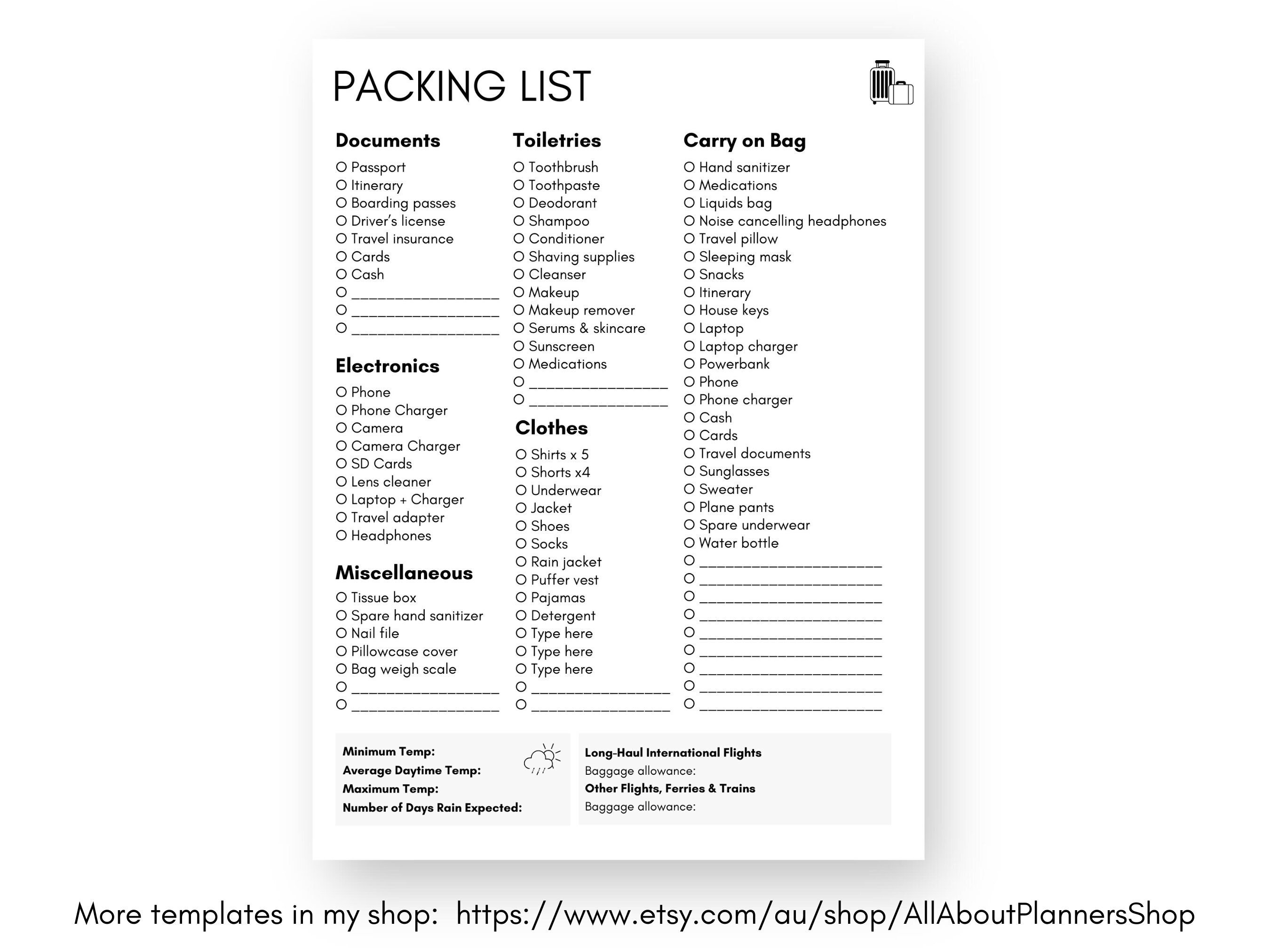 Packing List Editable in Canva Printable Planner Insert List Refill ...