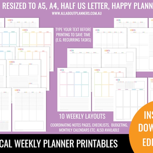 Weekly Planner Printable 2 Page Spread Hourly Week on Two - Etsy Canada