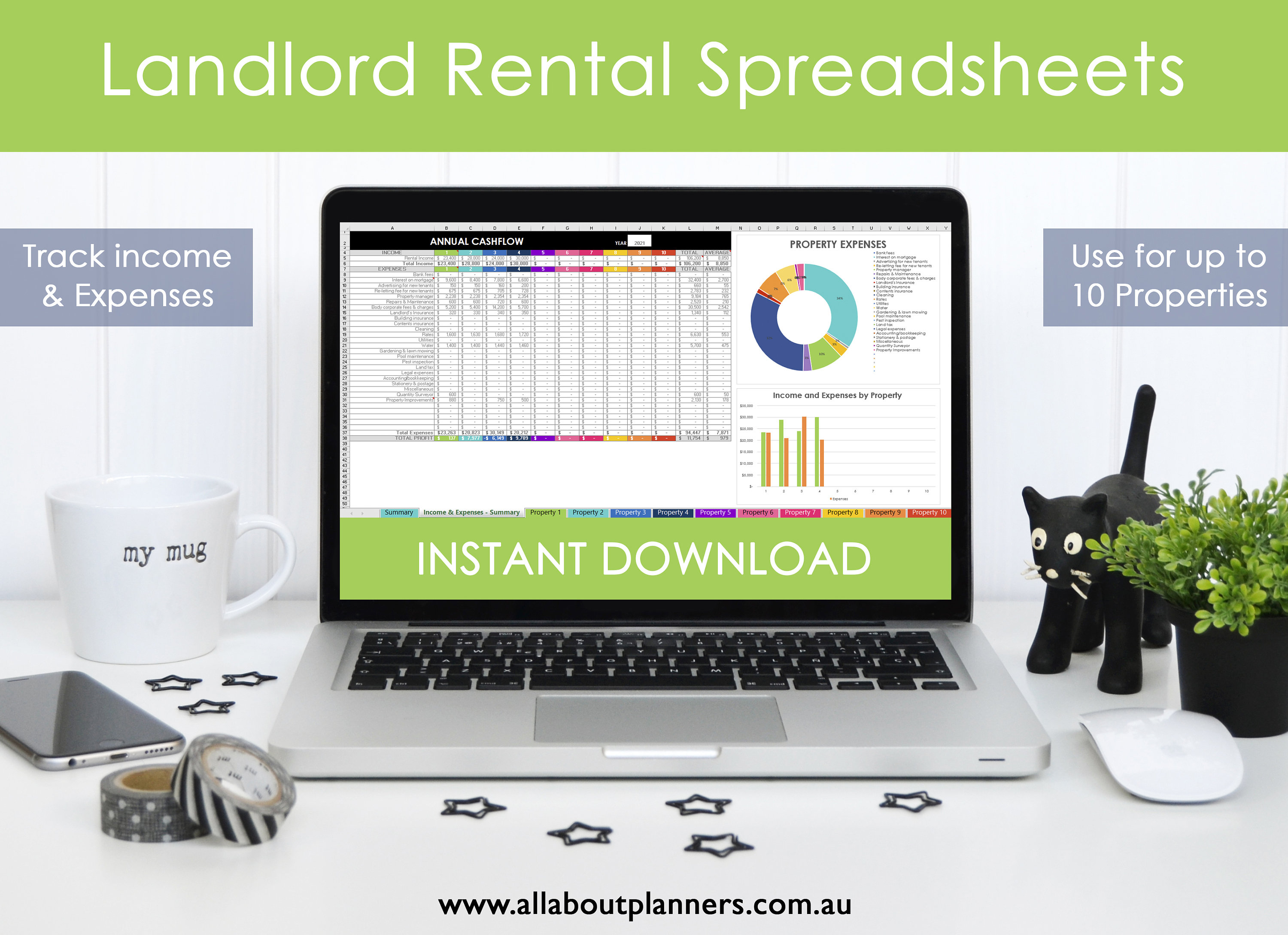 Rental Property Spreadsheet Track Income Expenses 1 - 20 Investment ...