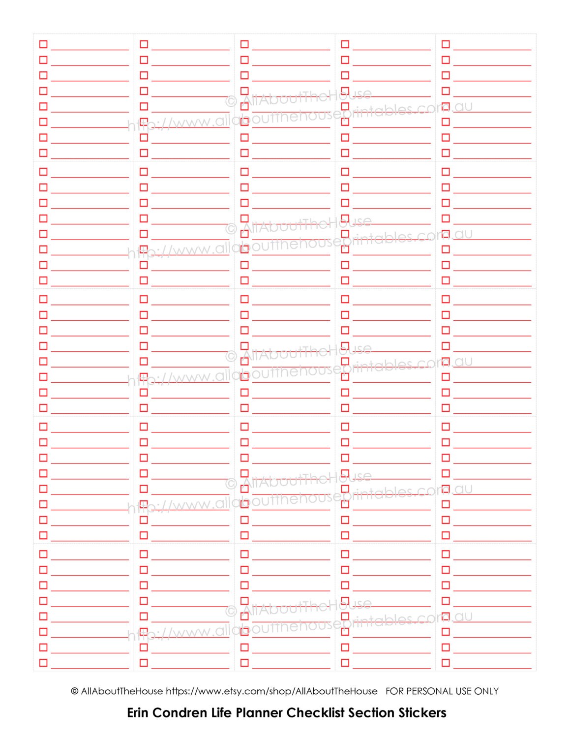 Printable Calendar Planner Stickers Checklist Full Box for Erin Condren ...