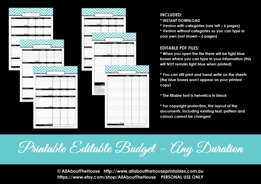 Budget Planner Printable Editable Monthly Budget (or Any Duration ...