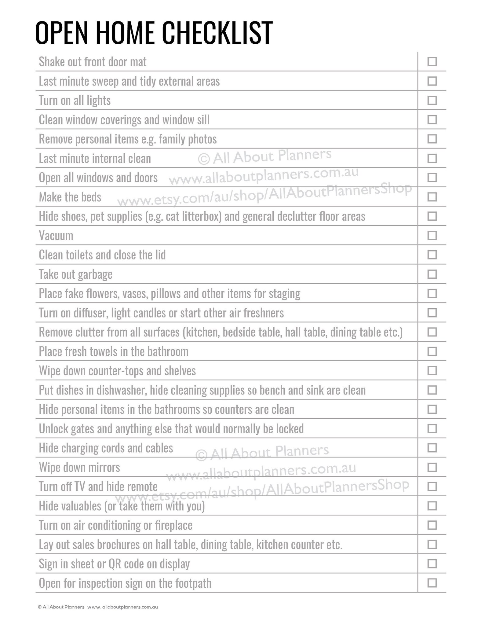 Real Estate Agent Open Home Checklist Professional Photos Prep Listing ...