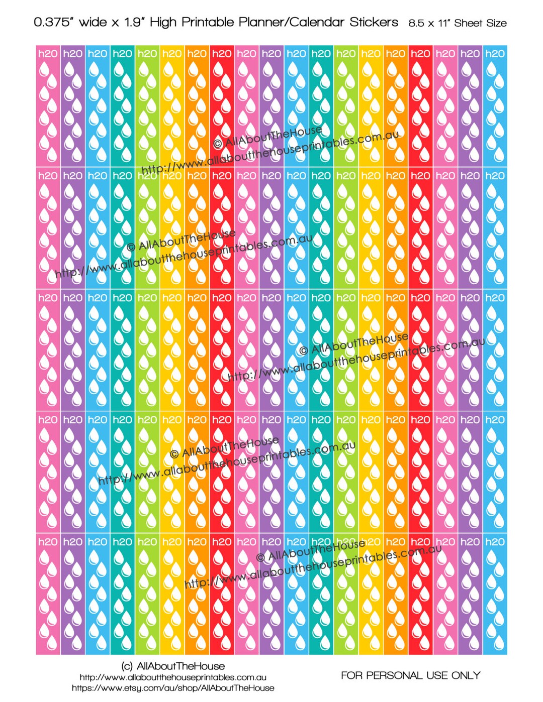 Hydrate Planner Stickers Checklist Printable 1.9" Lx0.375" W Drink up ...