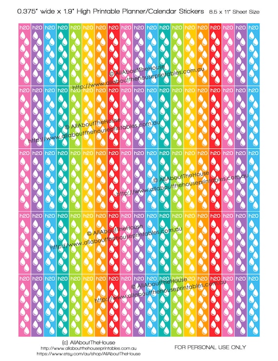 Hydrate Planner Stickers Checklist Printable 1.9" Lx0.375" W Drink up ...