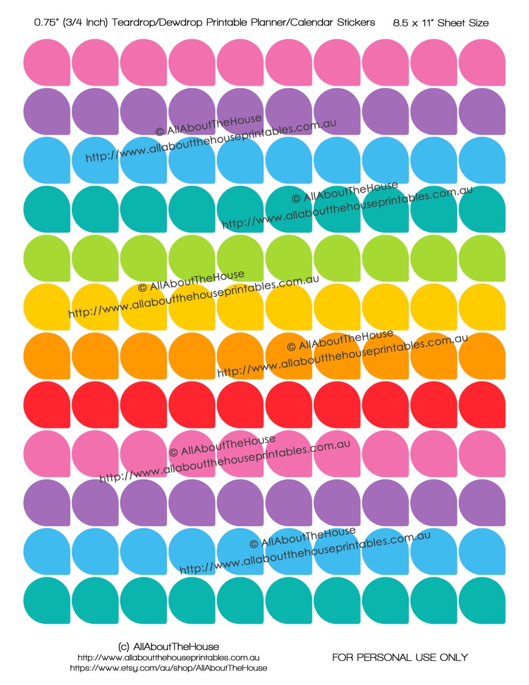 Teardrop Dewdrop Printable Planner Stickers 1/2 Inch Rainbow Daily ...