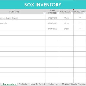 Moving Spreadsheet Planner Checklist Box Labels Budget Change of ...