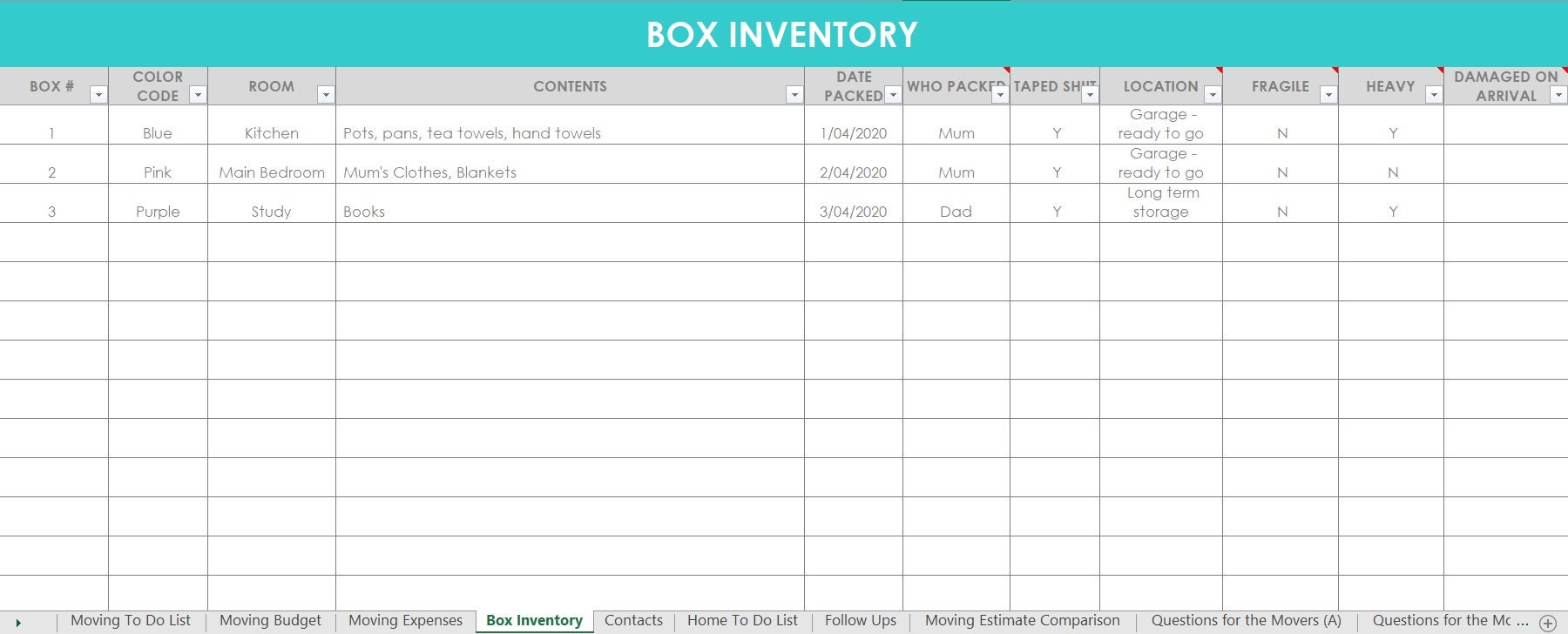 Moving Spreadsheet Planner Checklist Box Labels Budget Change - Etsy ...