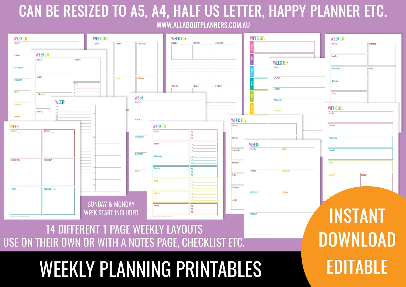 Weekly Planner Printable 1 Page Spread Insert Editable Refill to Do ...
