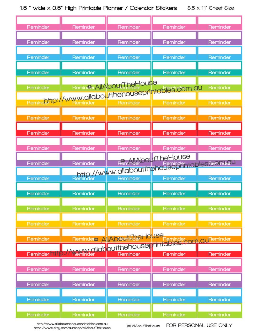 Reminder Printable Calendar Planner Stickers 1.5"w X 0.5" Rainbow ...