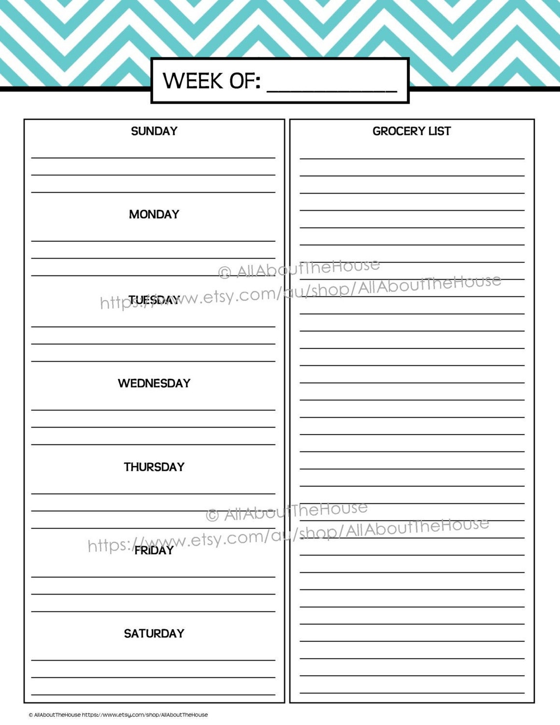 Weekly Meal Planner Printable Chevron Blue Menu Planner PDF - Etsy