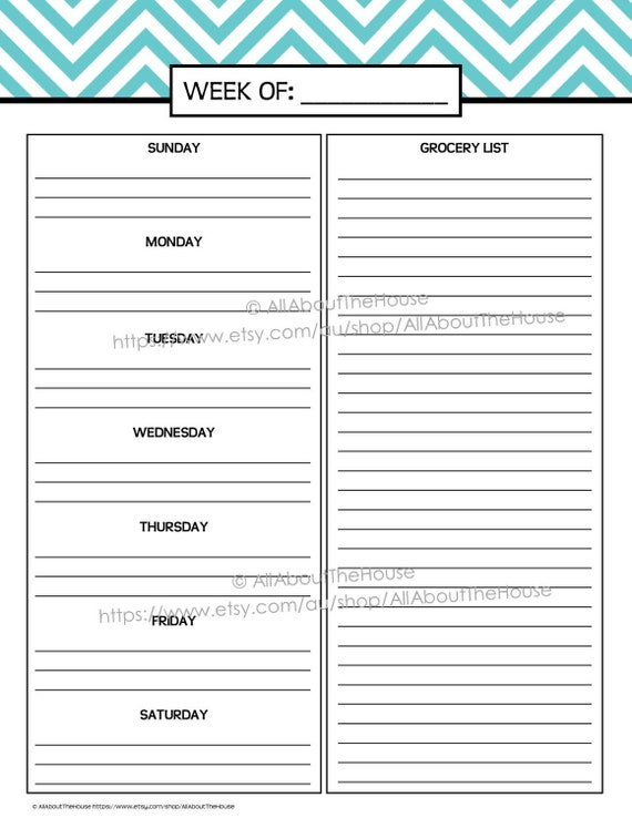 Weekly Meal Planner Printable Chevron Blue Menu Planner PDF - Etsy