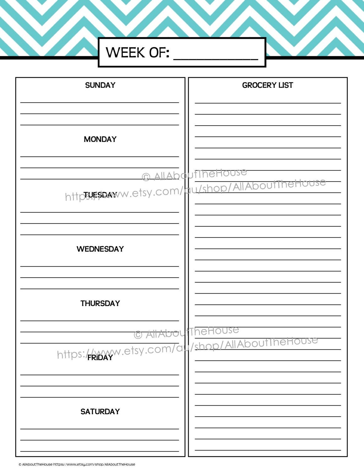 Weekly Meal Planner Printable Chevron Blue Menu Planner PDF Editable ...