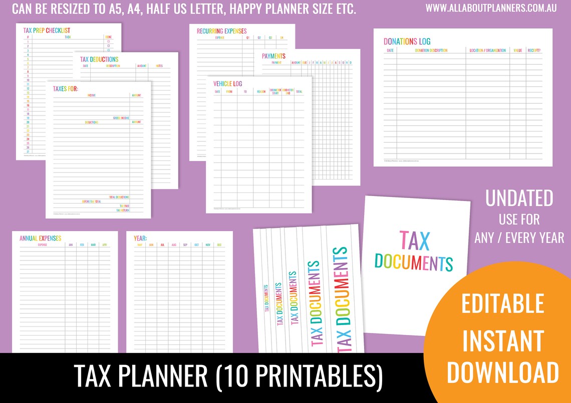 Tax Planner Printable Editable Bill Due Expenses Monthly | Etsy