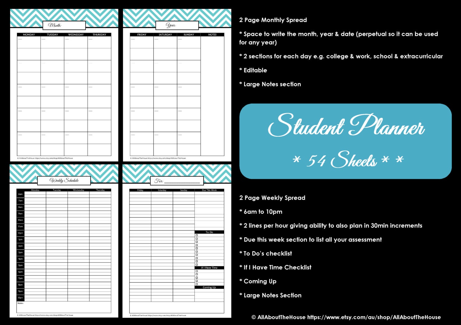 BLACK EDITABLE Student Planner Printable College Planner | Etsy