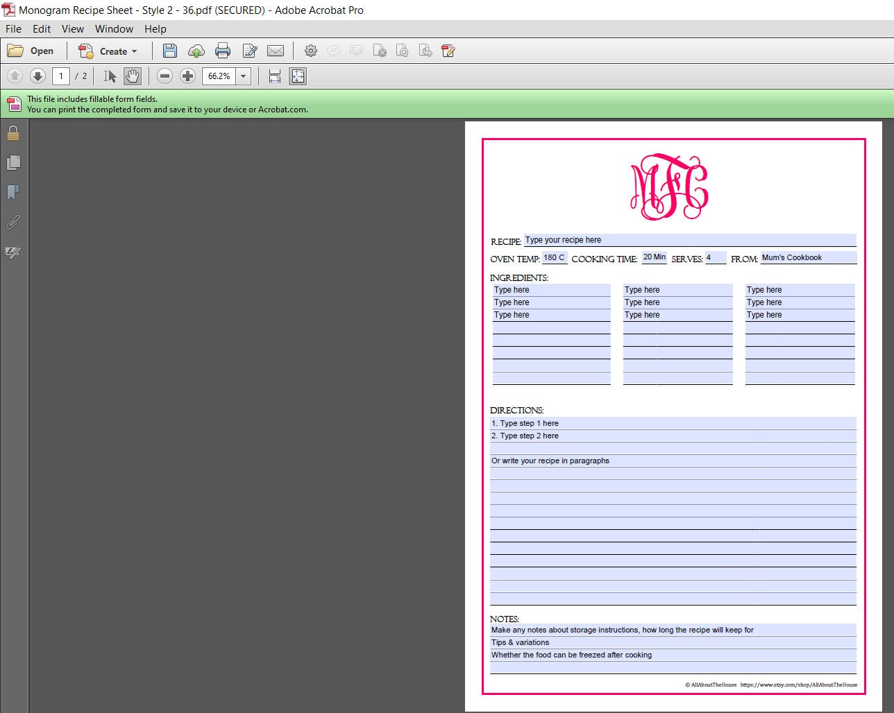 Monogram Recipe Sheet EDITABLE Recipe Card Preppy Template - Etsy Australia