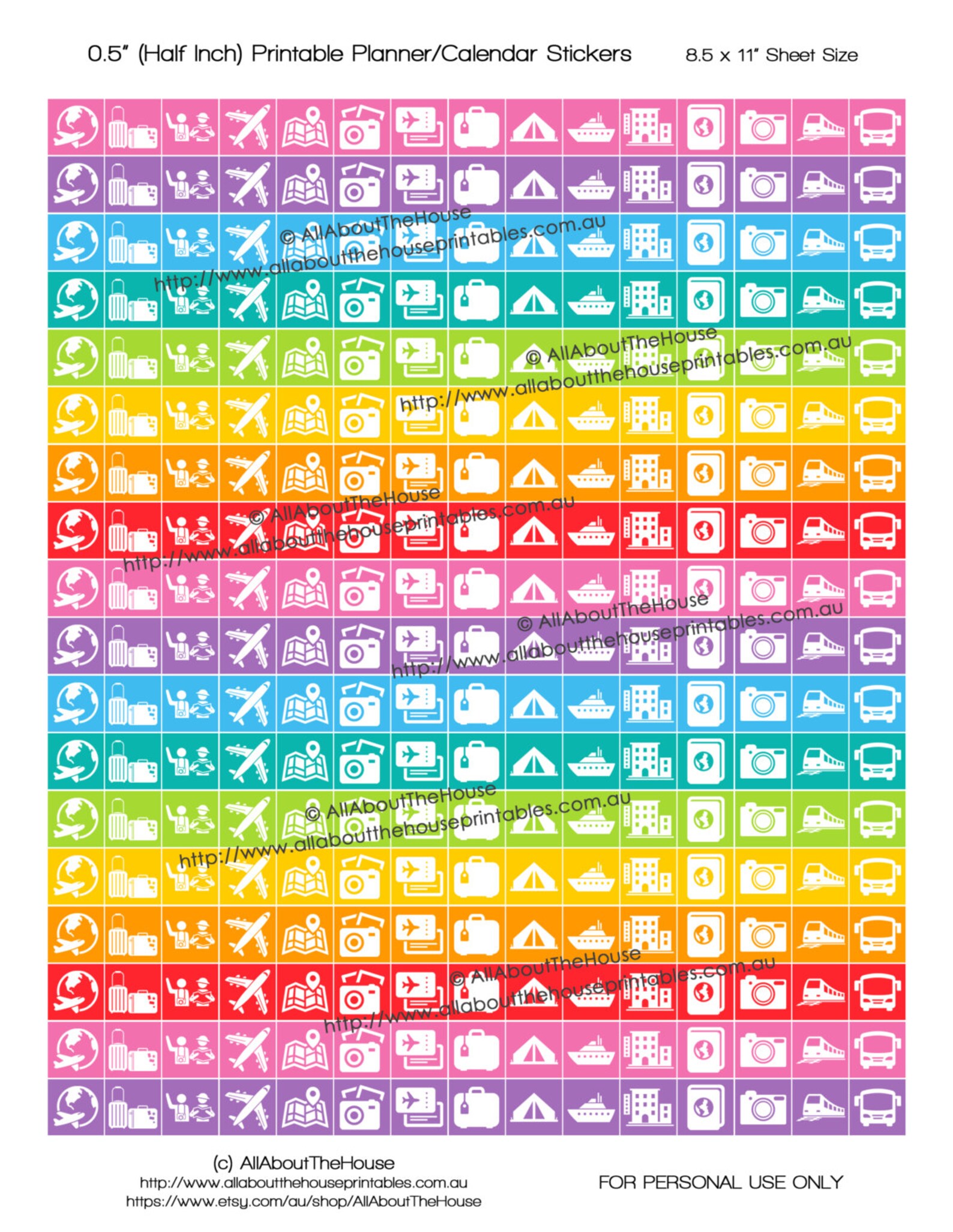 Travel Planner Stickers Printable Rainbow Icons Vacation | Etsy